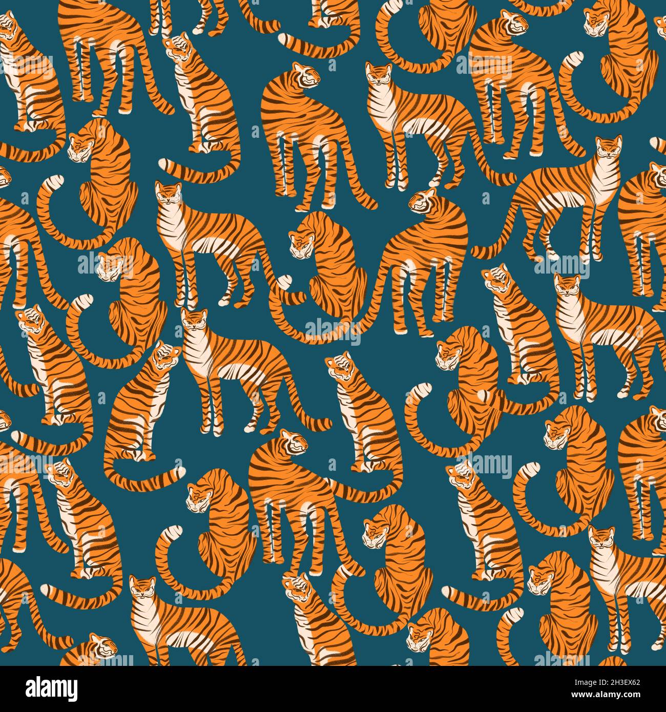Seamless pattern with tigers. Orange predators drawn with wax crayons ...