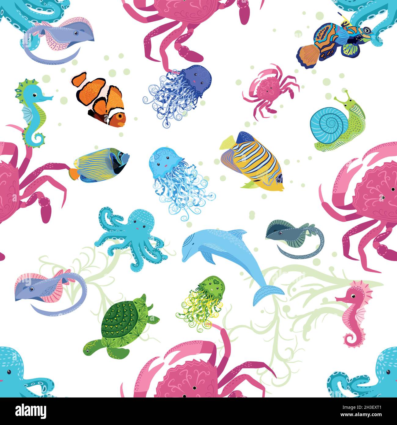 Marine life, fish, animals bright seamless pattern. sea travel ...