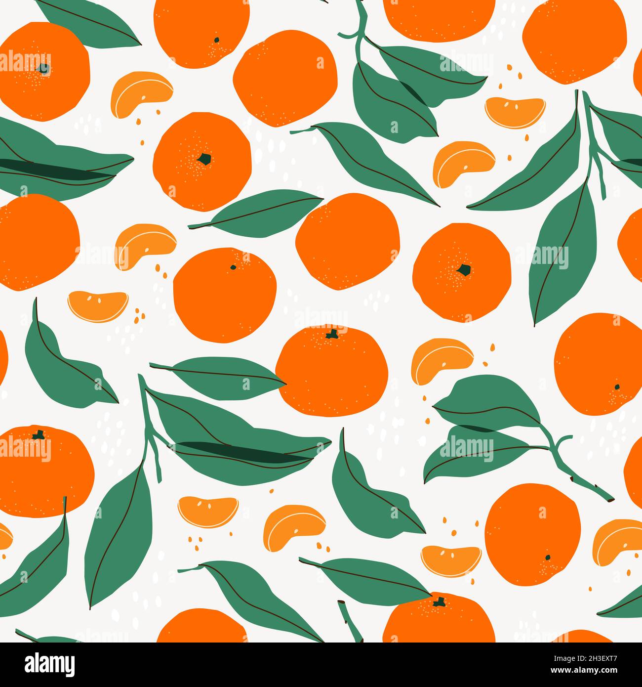 Vector seamless pattern with mandarin fruits, slices and leaves. Hand ...