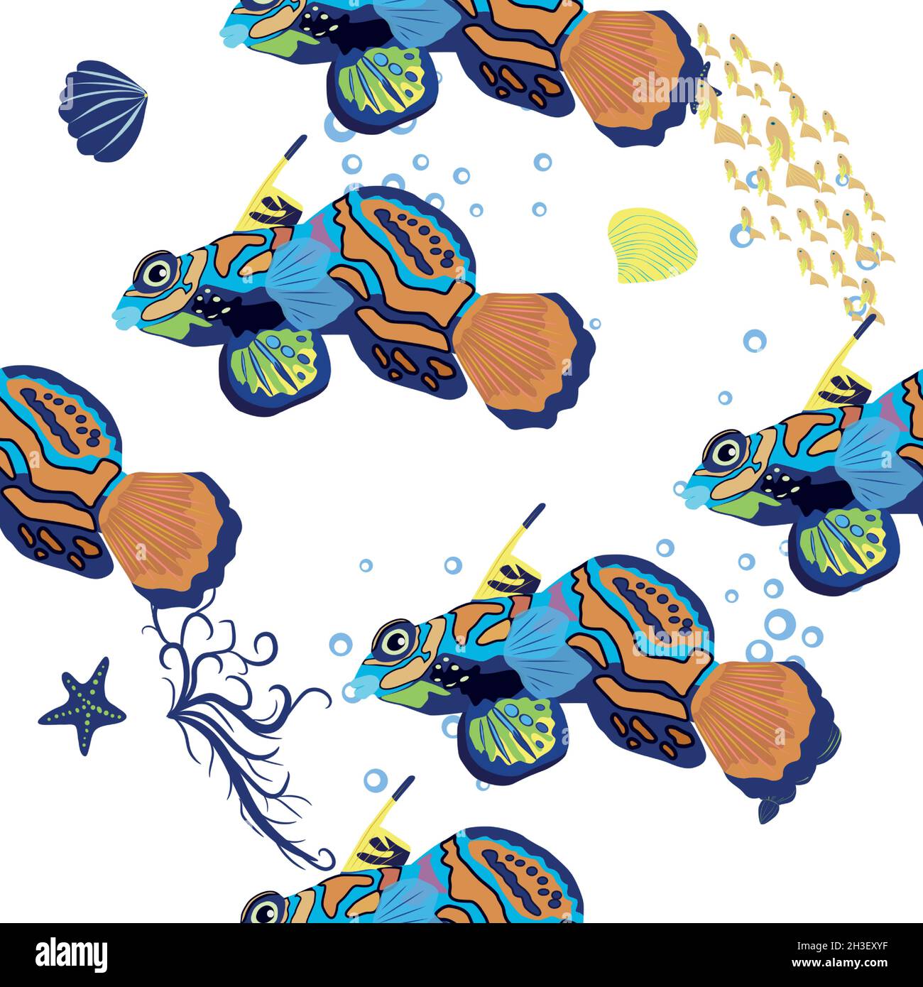 Mandarin fish seamless patterns. beautiful character among seashells ...