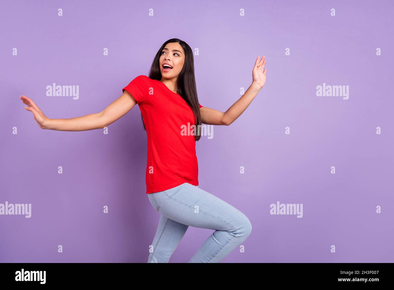 Photo Of Impressed Young Brunette Hairdo Lady Look Empty Space Wear Red