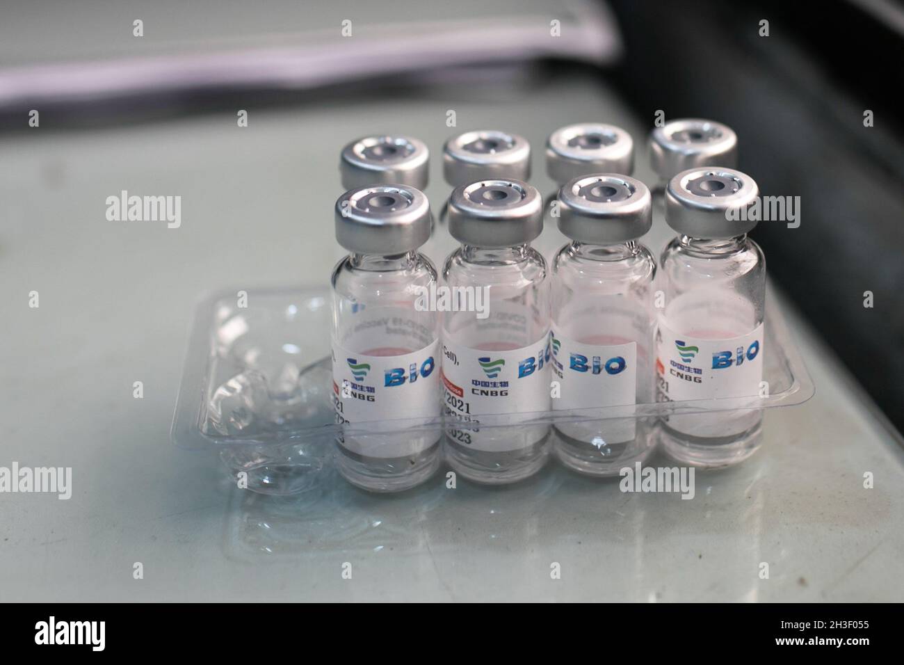 Vials containing Sinopharm COVID19 vaccine seen during a vaccination ...