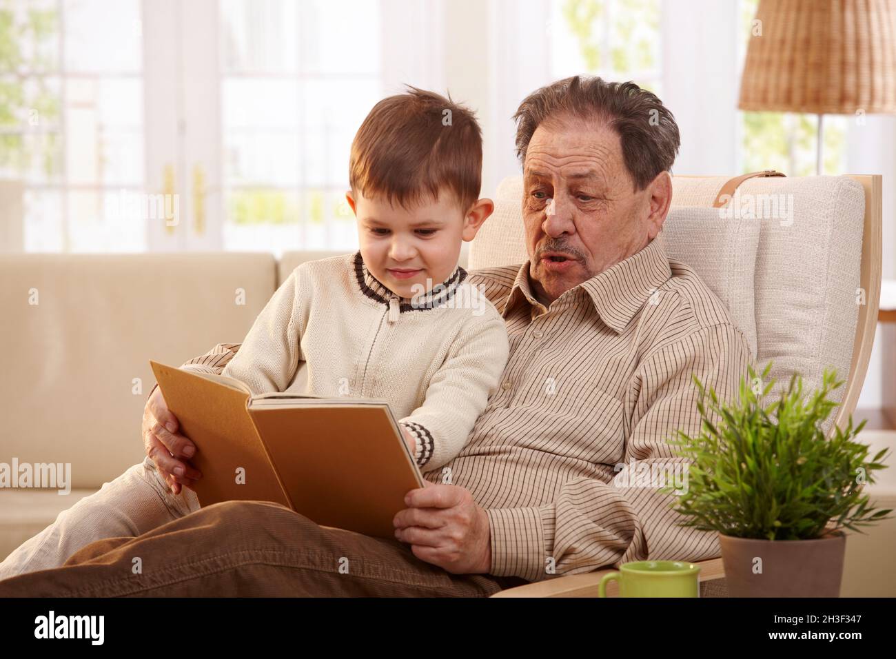 Grandfather reading book to grandson Stock Photo - Alamy