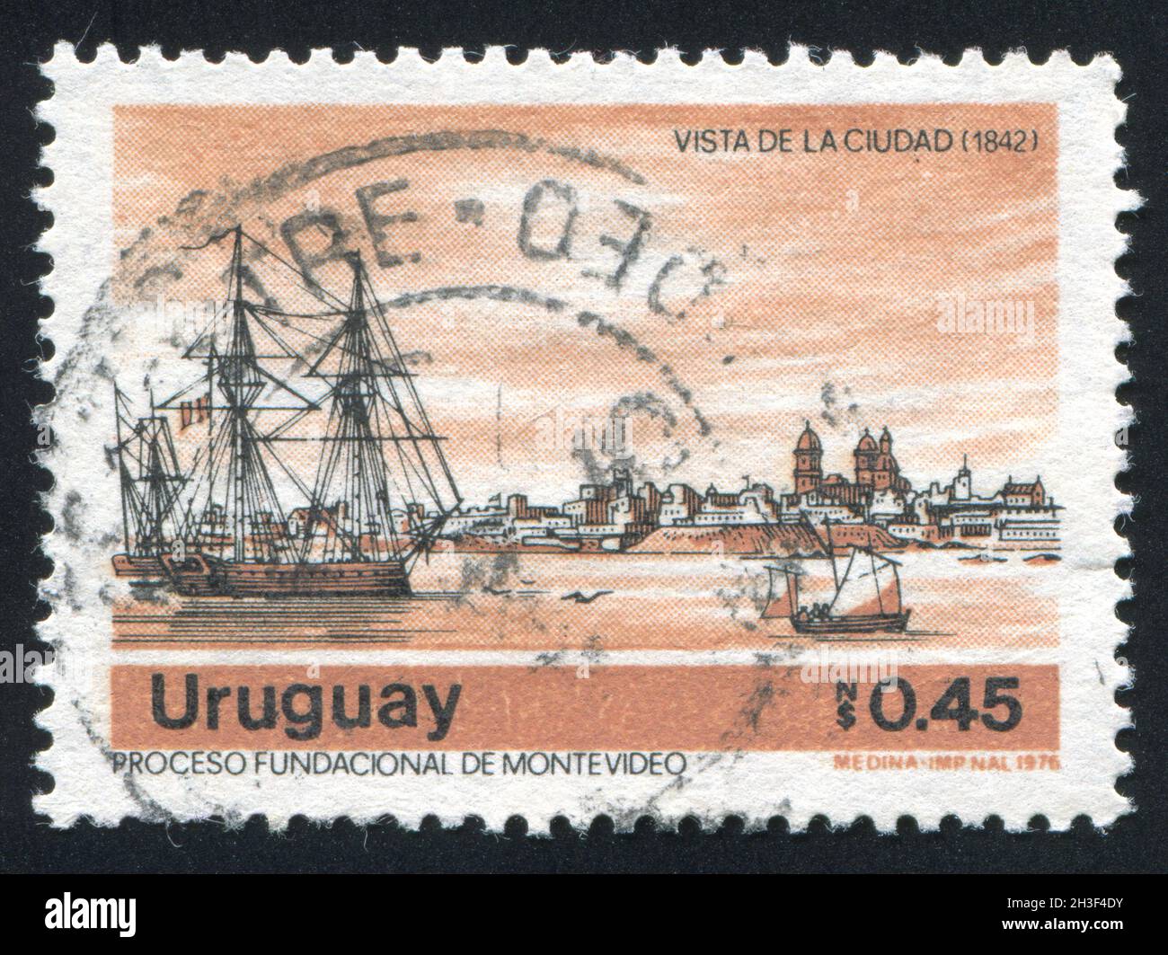 URUGUAY - CIRCA 1976: stamp printed by Uruguay, shows Montevideo Harbor ...