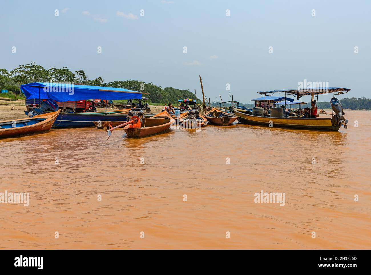 Heavy poluted river water from gold mining operations along Rio Madre ...
