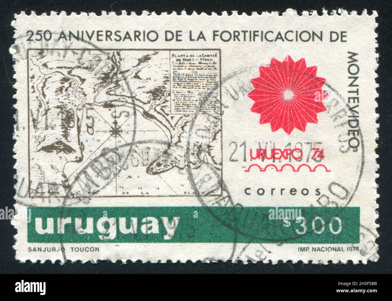 URUGUAY - CIRCA 1974: stamp printed by Uruguay, shows URUEXPO Emblem ...