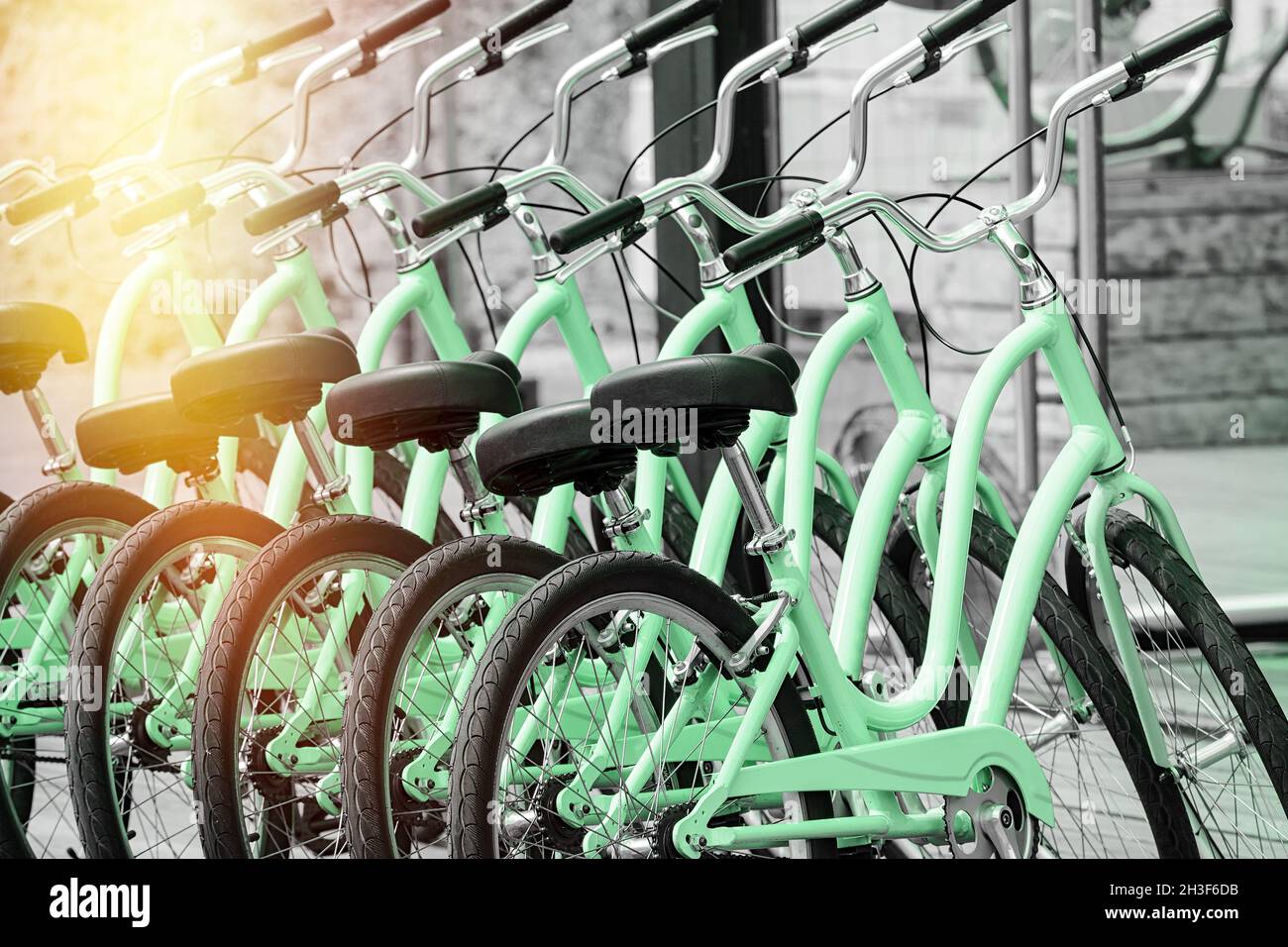 Row bicycles ready rent hi-res stock photography and images - Alamy