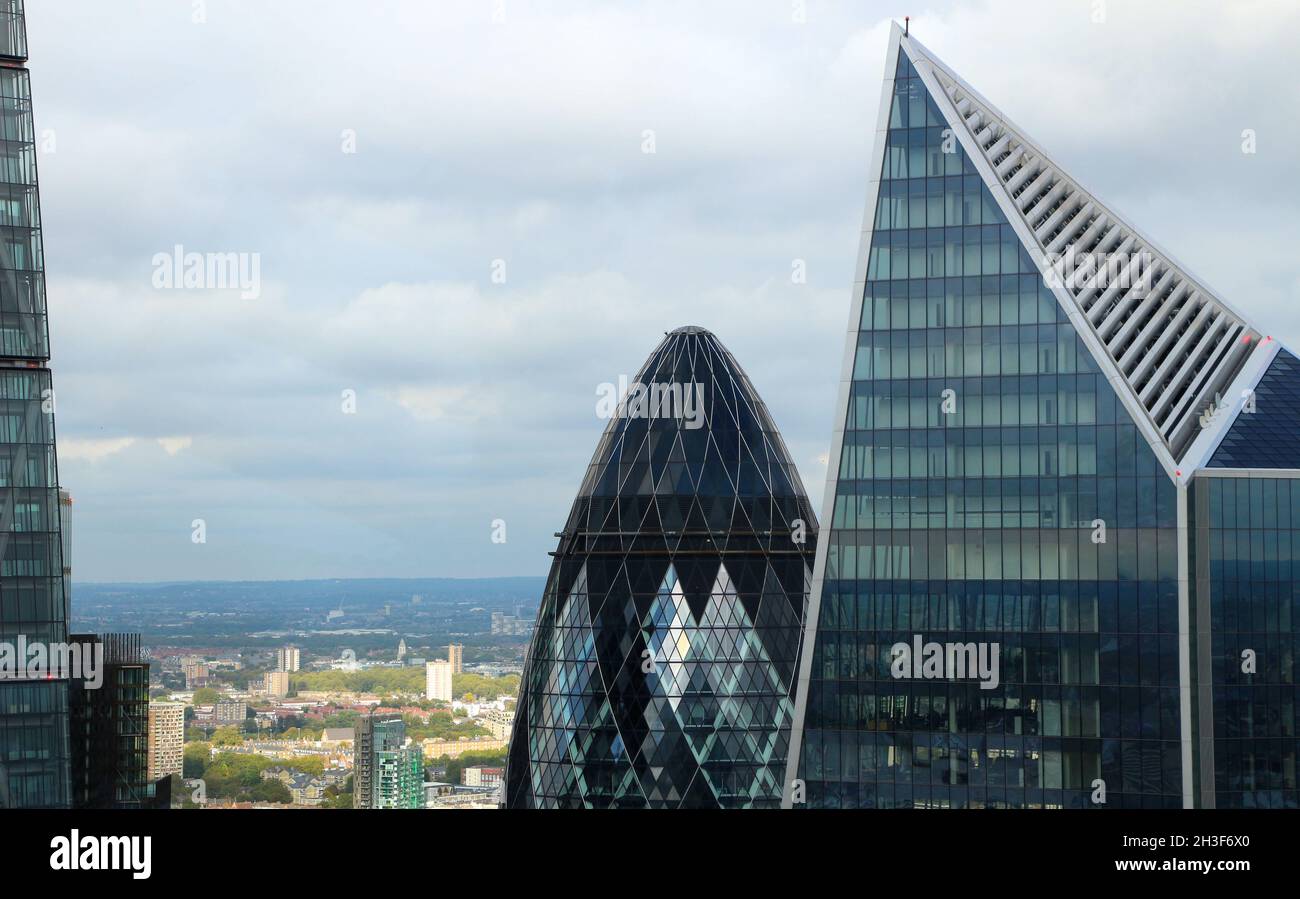 View of the Gherkin and the Scalpel skyscrapers seen from the Sky ...