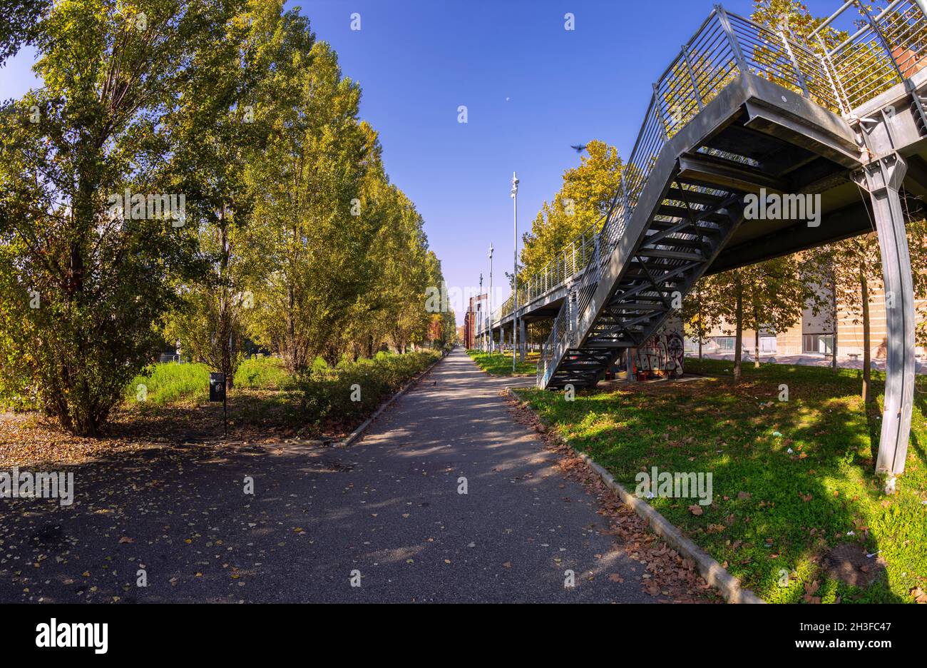 Turin, Italy - October 27, 2021: Fisheye view of Parco Dora, a public ...