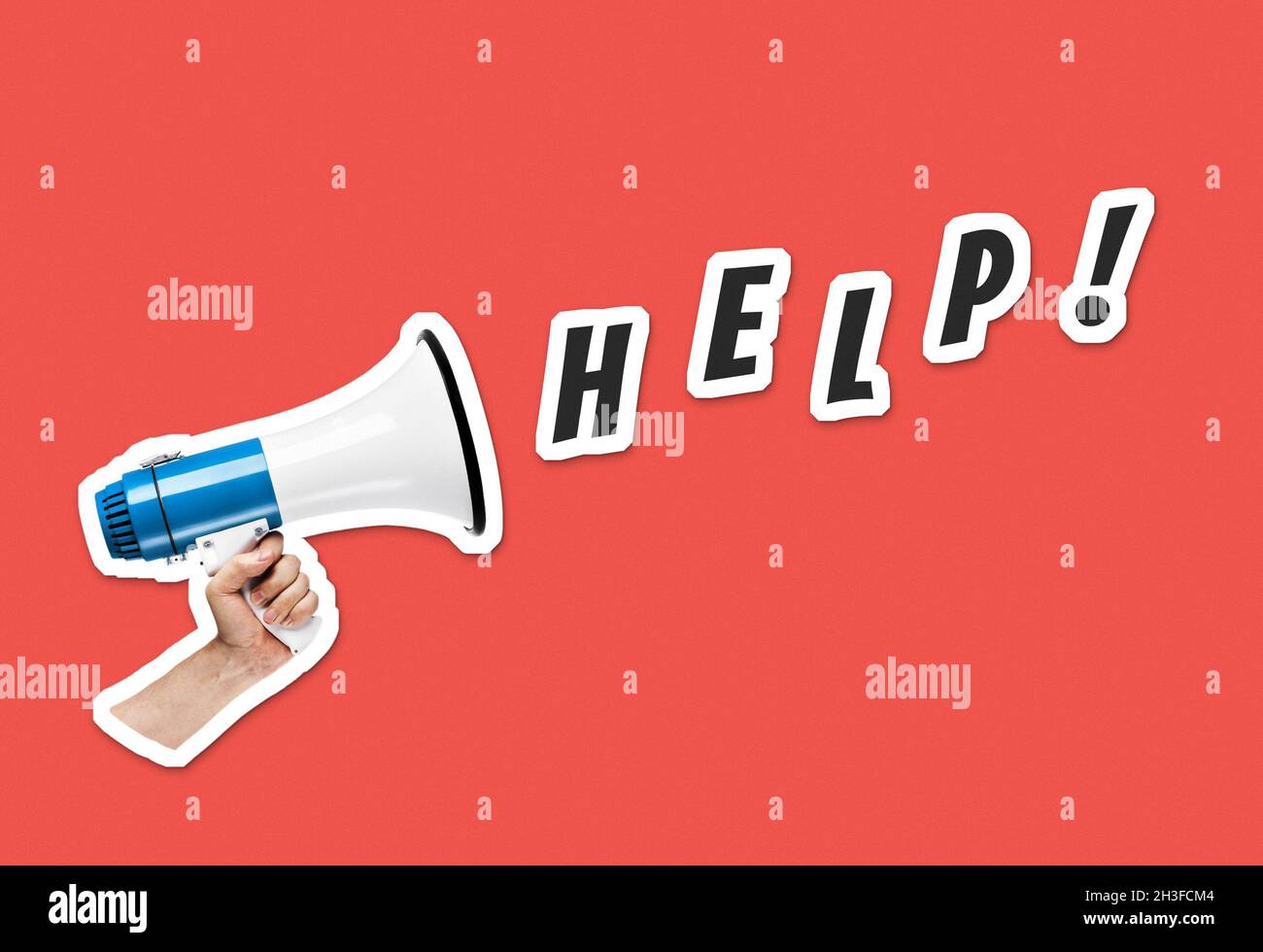 Human hand with megaphone on red background with Help word. Cry for ...