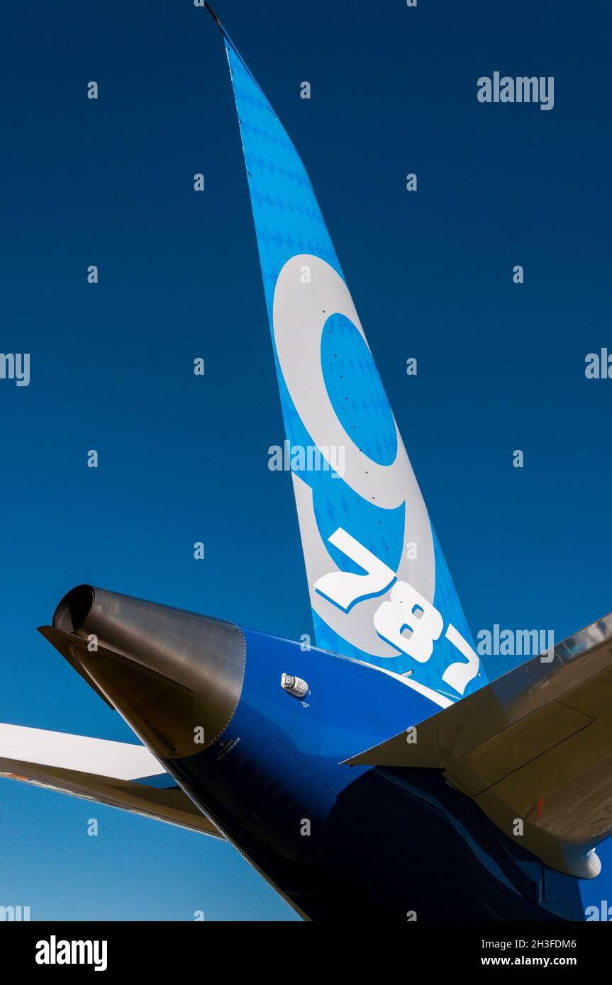 Boeing 787 Dreamliner jet plane airliner tail at the Farnborough ...