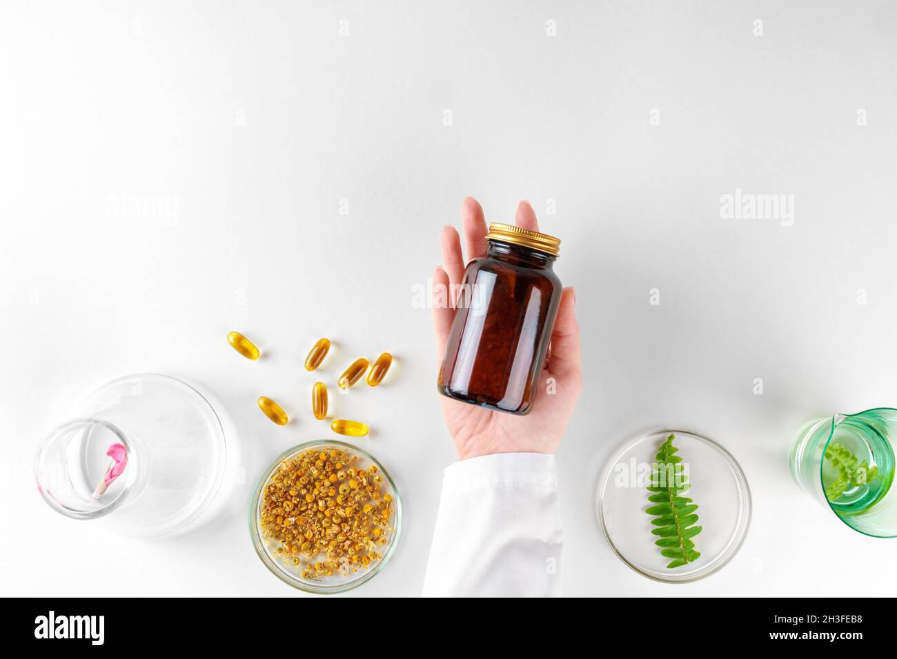 Making herbal dietary supplement in lab with plant leaves. Health and ...