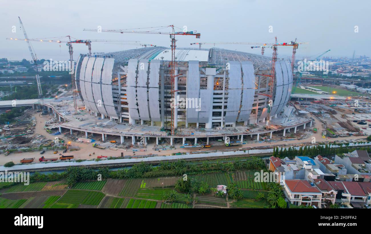 Aerial view of construction of new football stadium for upcomming ...