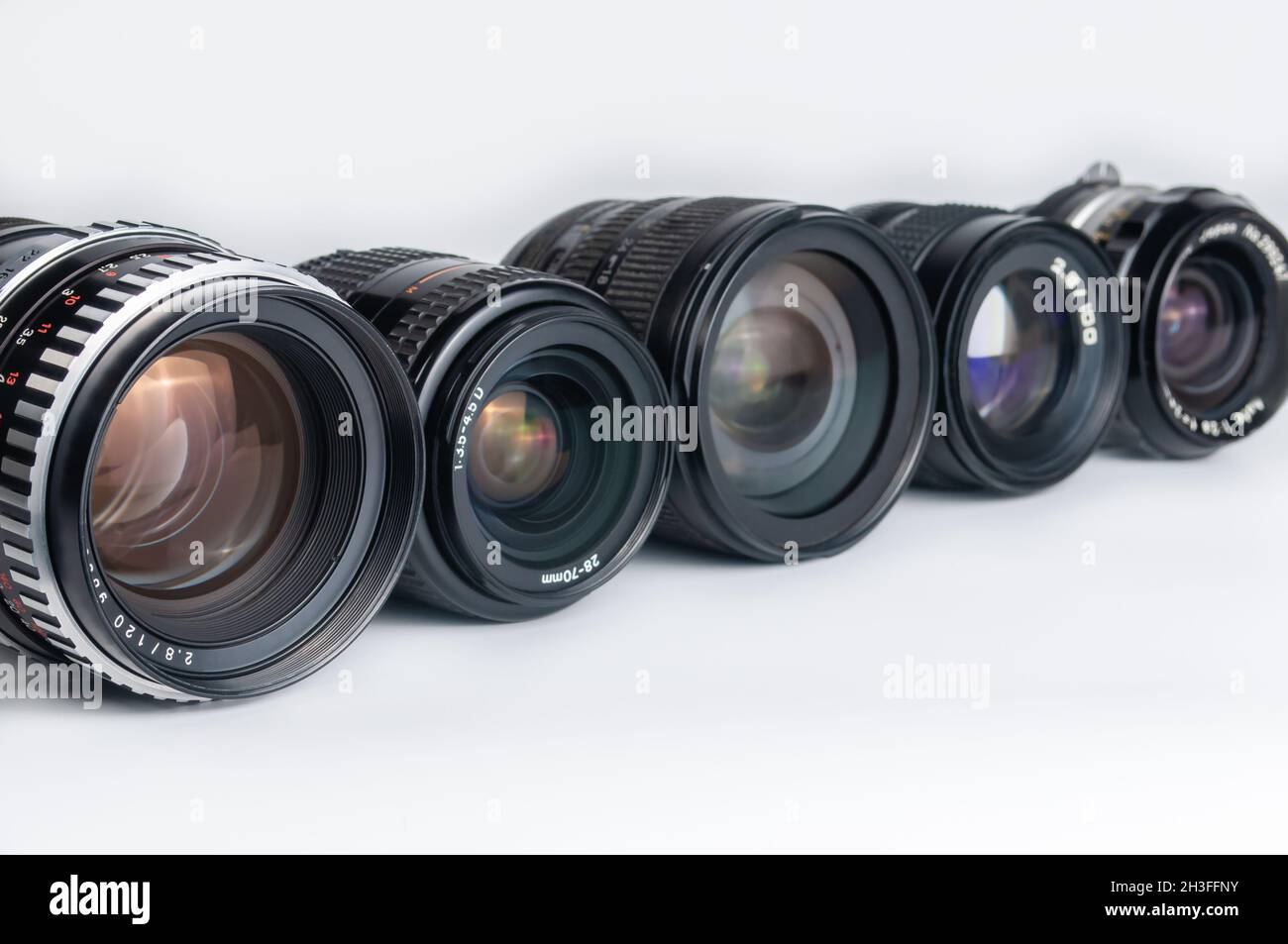 Modern and old DSLR camera lens set on white background Stock Photo - Alamy