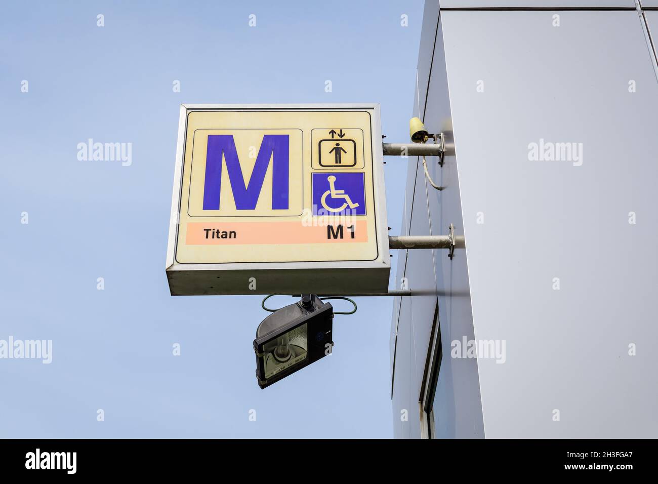 Standard sign at the entrance to Titan metro station in Bucharest ...