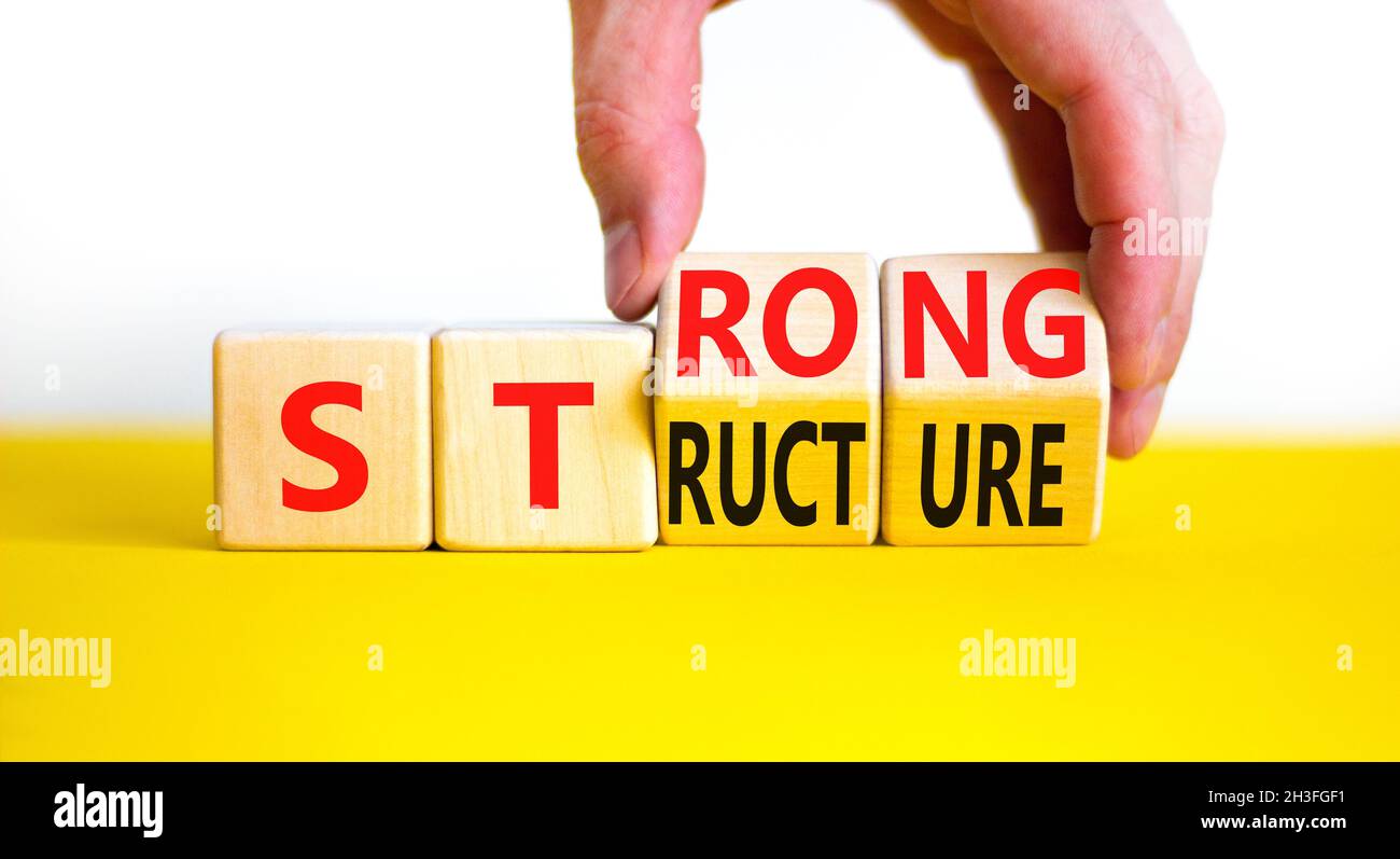 Strong structure symbol. Businessman turns wooden cubes with words ...