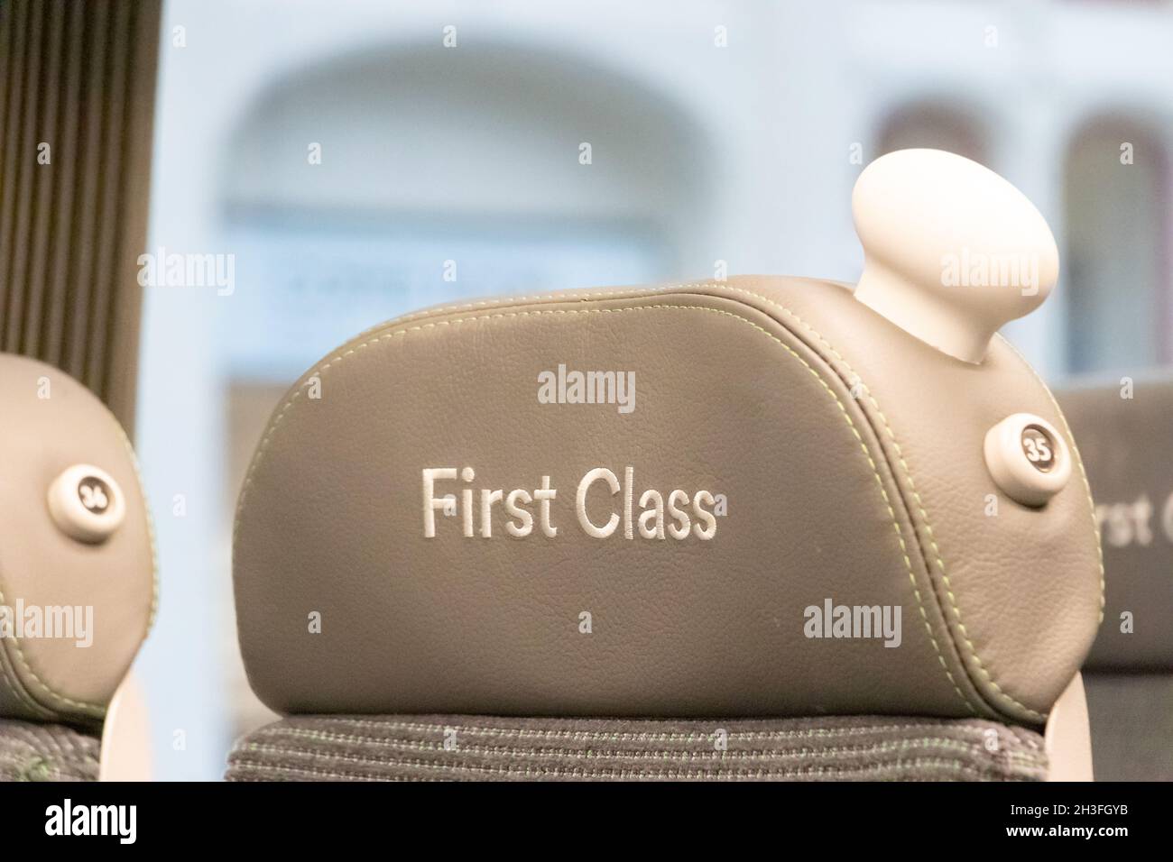 detail of headrests in interior First class carriage and seating in UK ...