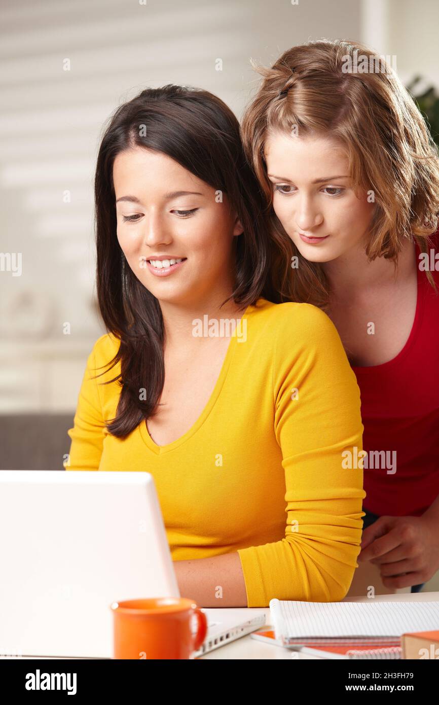 Teen girls learning with laptop Stock Photo - Alamy