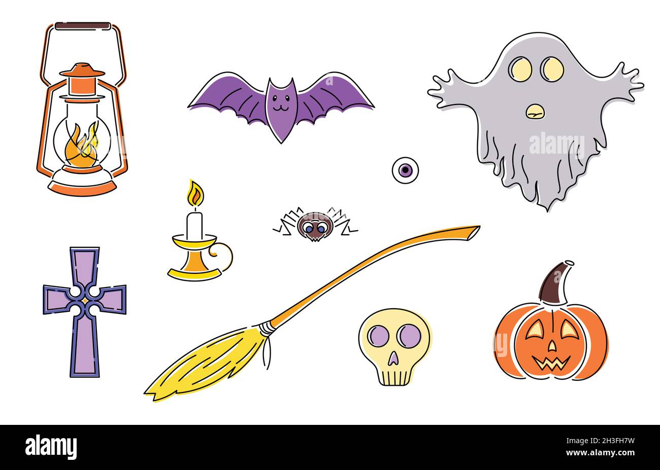 Bright line art set of pumpkin, ghost, spider, skull. Halloween ...