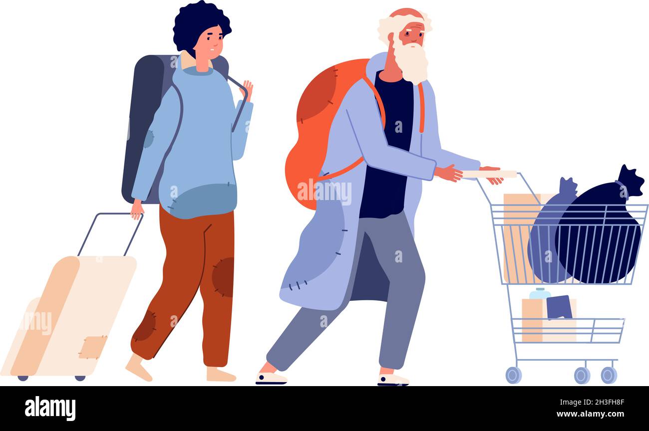 Homeless characters. Refugee man woman, poor people with things ...