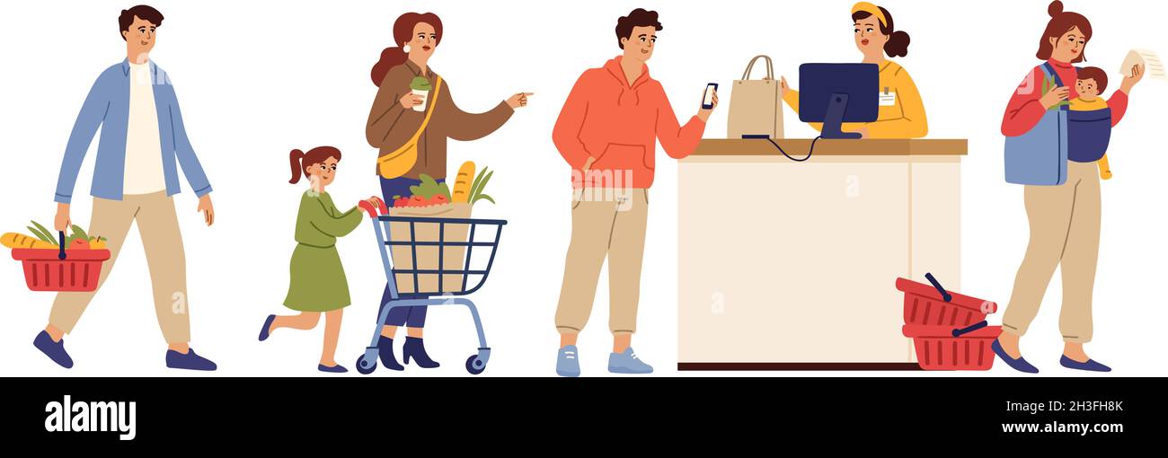 Store queue. Cartoon waiting line, food shopping market or supermarket ...