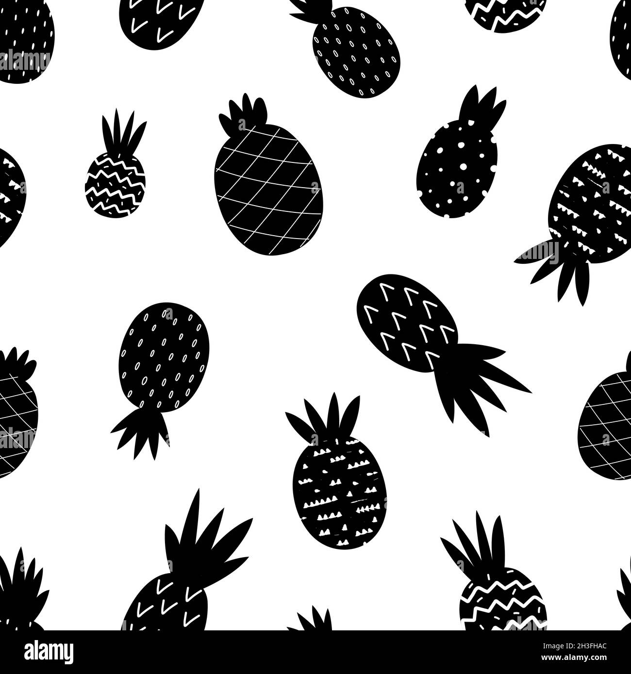Black pineapple pattern. Exotic pineapples seamless texture. Doodle ...