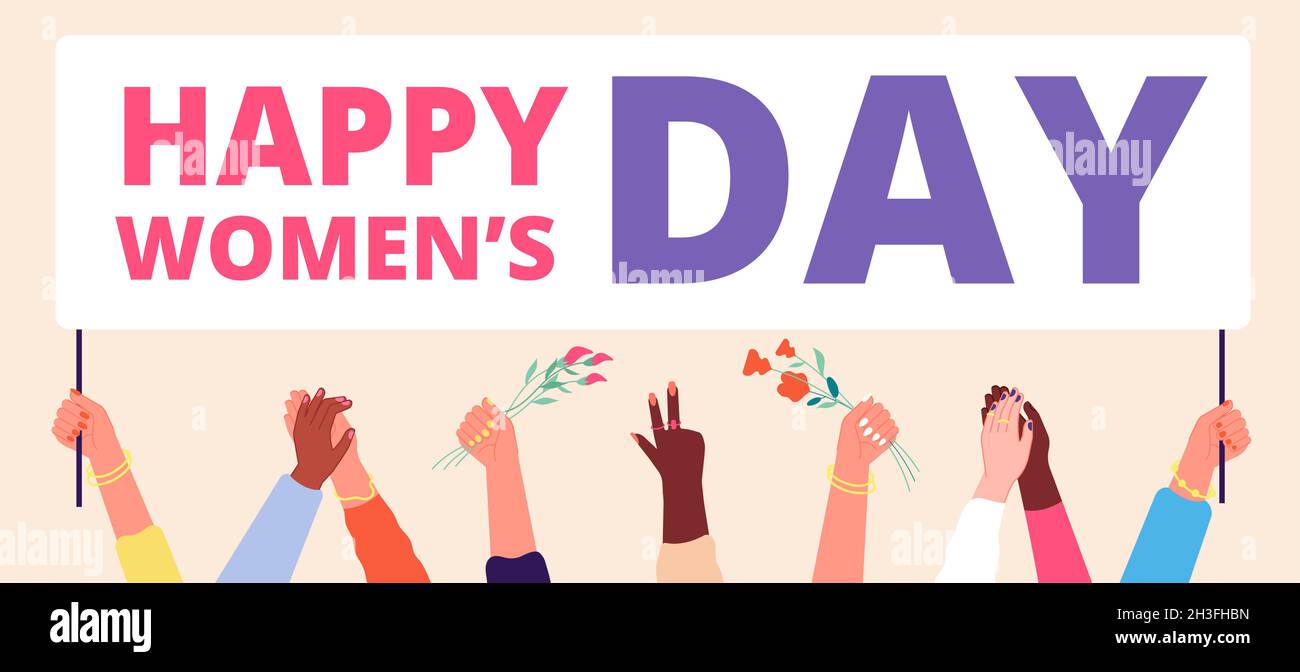Women day concept. Woman flag, girls hands holding festive banner ...
