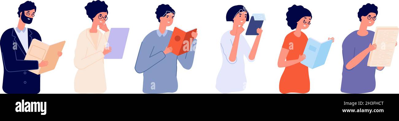 Clever people. Intelligent guy, flat man woman wear glasses. Happy ...