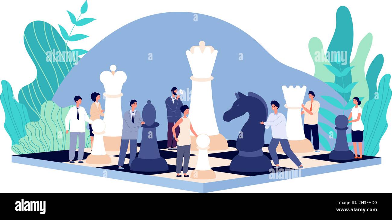 Chess game. Chess board, strategy business tactics and cooperation. People holding rook queen ...