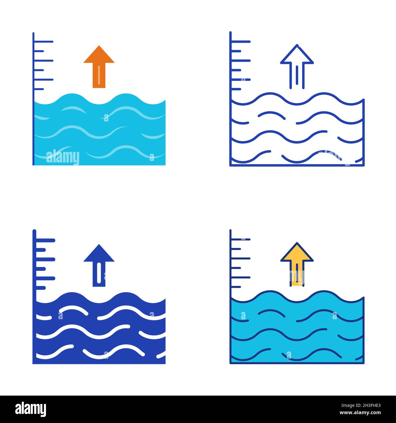Sea level rise icon set in flat and line style. Vector illustration ...