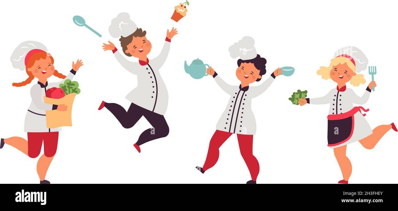 Children preparing food. Kid cook, little chefs bakers with cake and ...