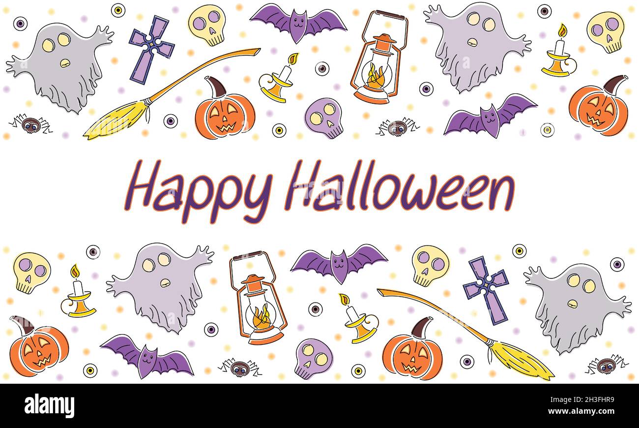 Bright line art illustration with halloween symbols. Background with ...