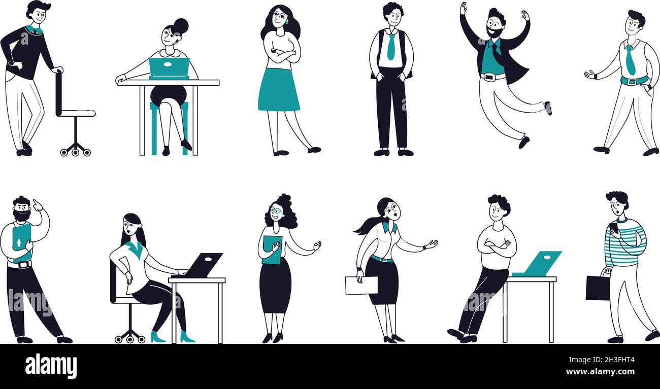 Outline business characters. Happy flat persons, linear smiling work ...