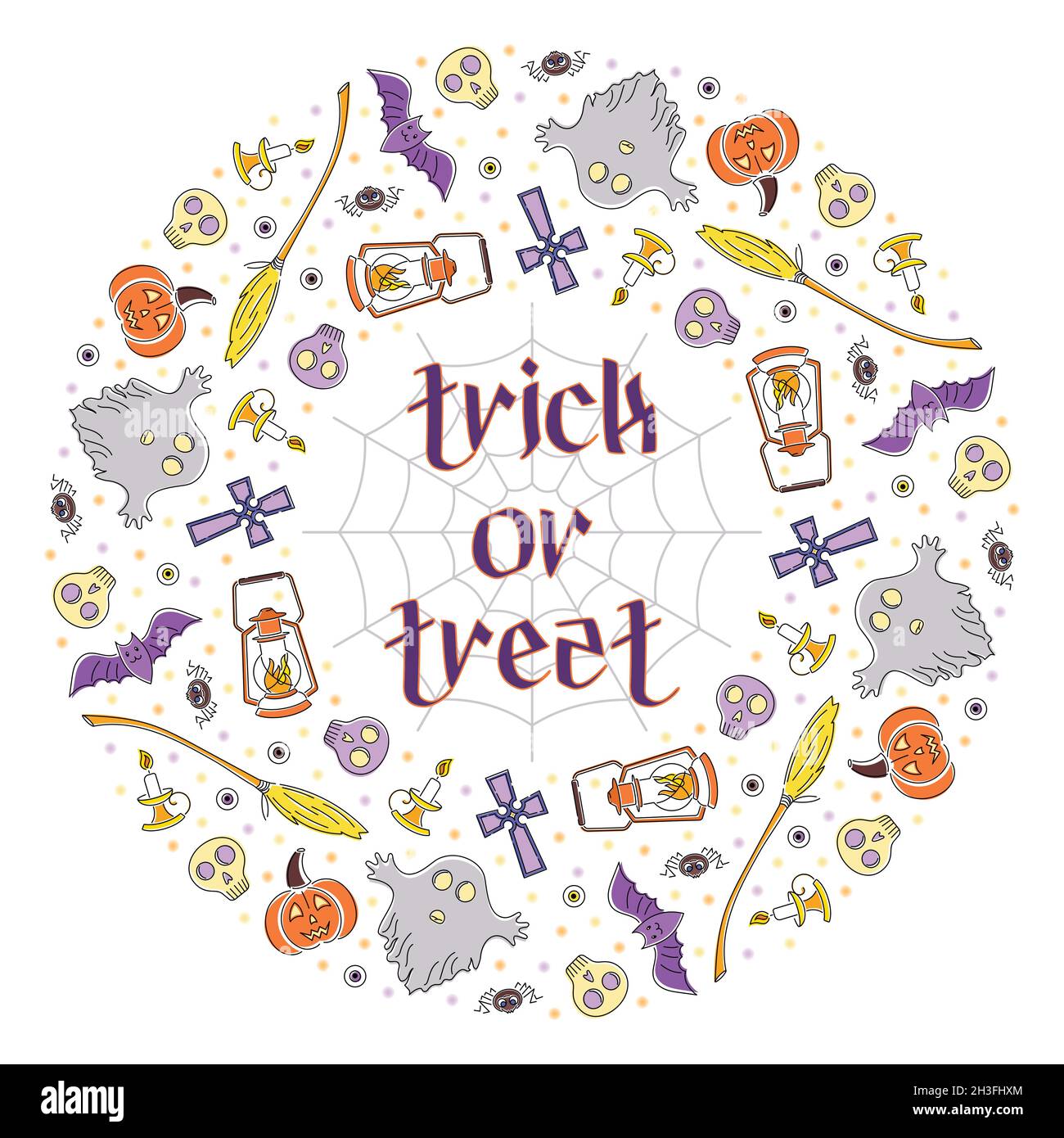 Bright line art round wreath of halloween symbols and trick or treat ...