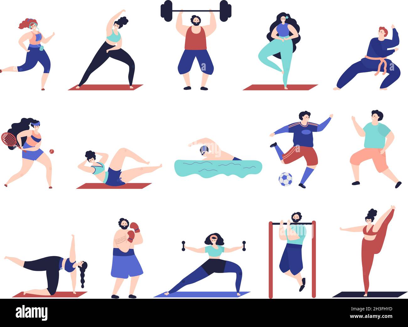 People doing sport. Workout characters, active male female sport ...