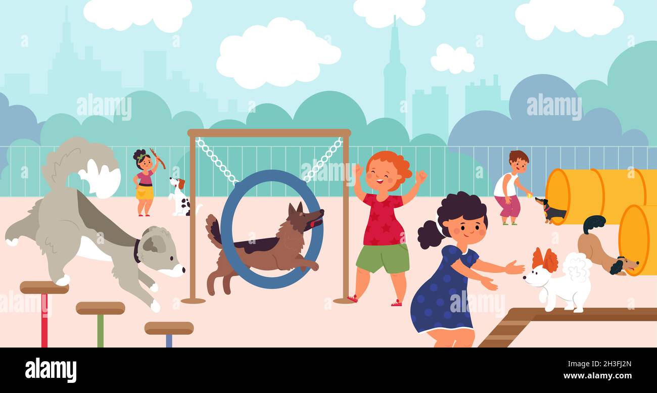 Dog playground. Pets walk, dogs owners on city park. Cartoon puppy ...