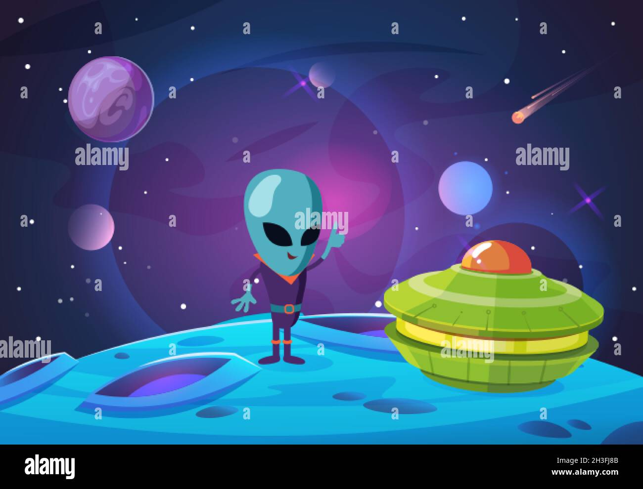 Space colonization background. Alien, ufo character on new planet in ...