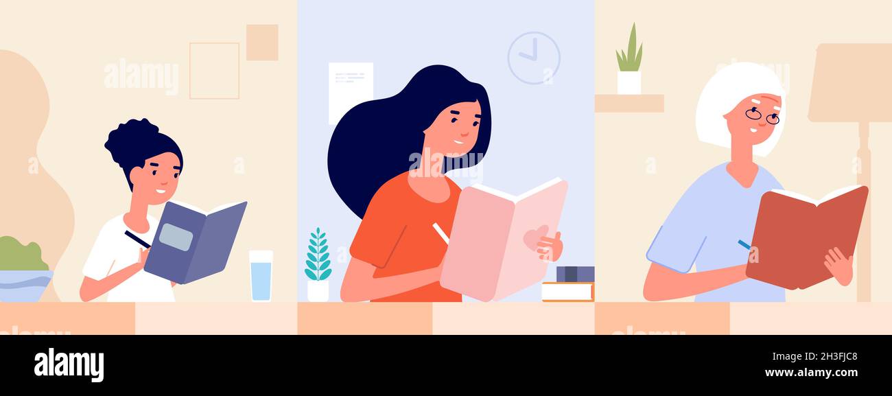 Female diary. Women write journal. Modern girl woman and old lady ...