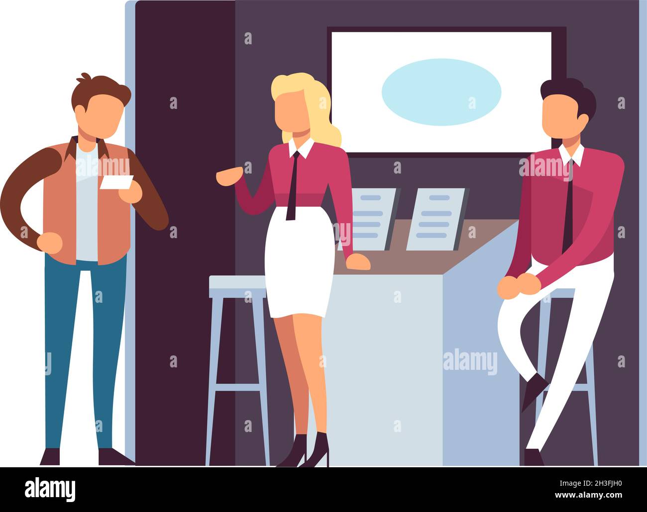 Advertising of goods at exhibition. Marketing, cartoon customers and ...