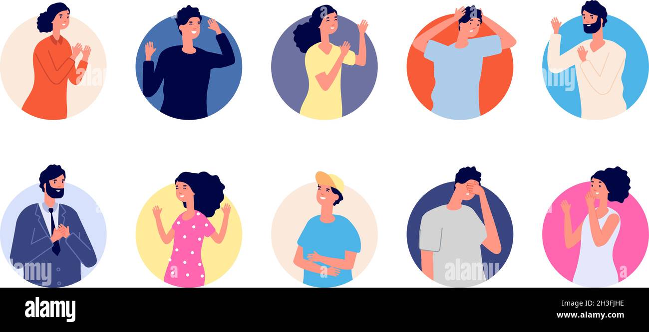 People emotional avatars. Different gestures, happy sad confused characters. Woman man in round ...