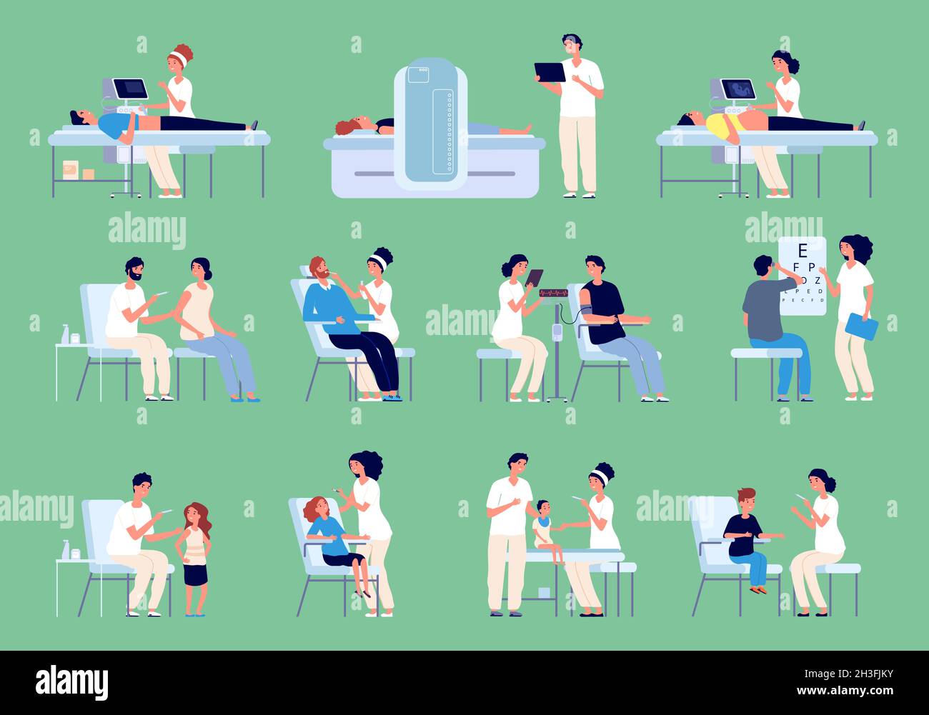 Medical characters. Doctors nurses patients, vaccination and check up ...