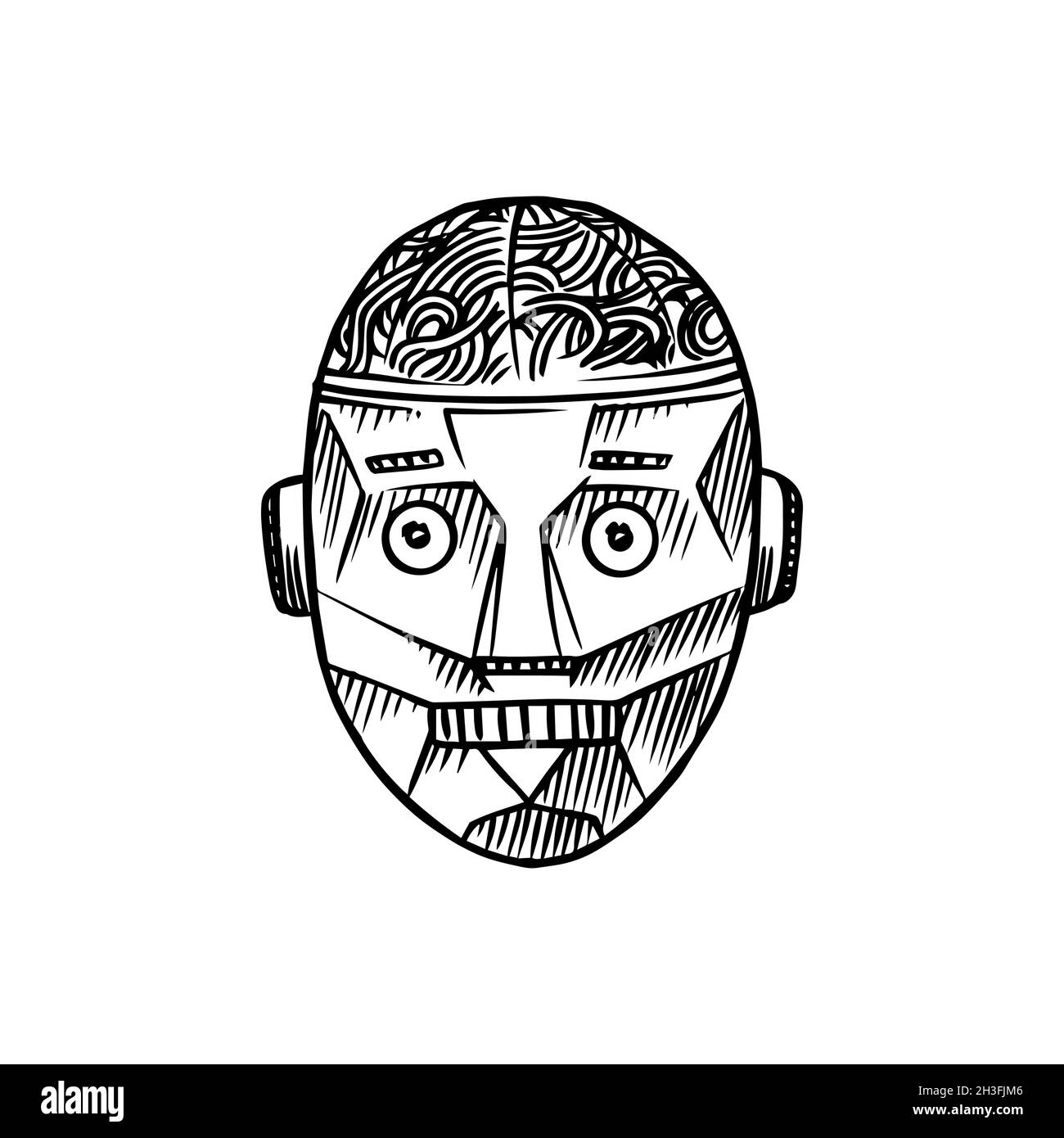 Cyborg robot. Vintage metal head sketch. Artificial intelligence ...
