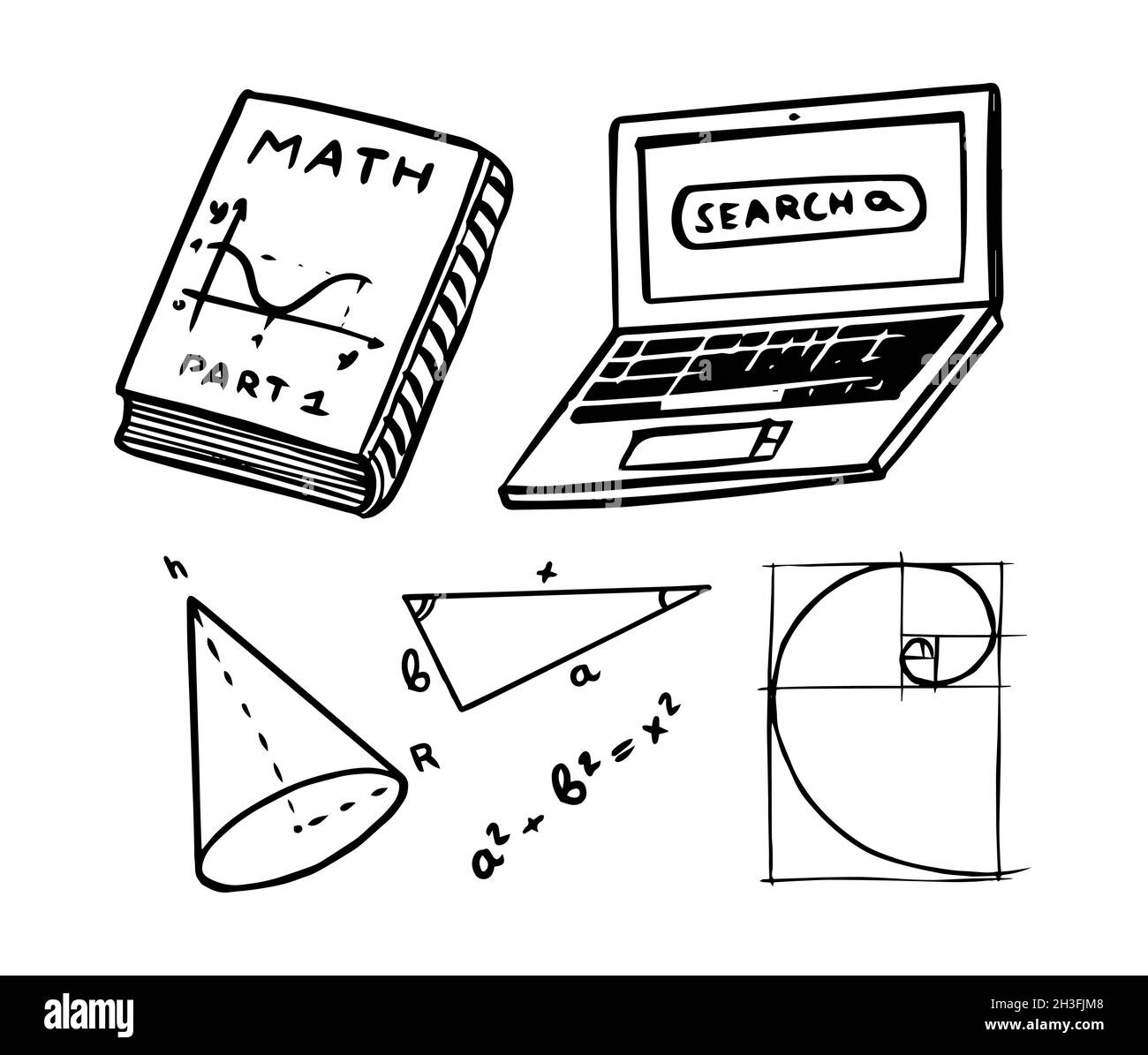 Mathematical icons. Computer and book, cone and hypotenuse. Graphs and ...