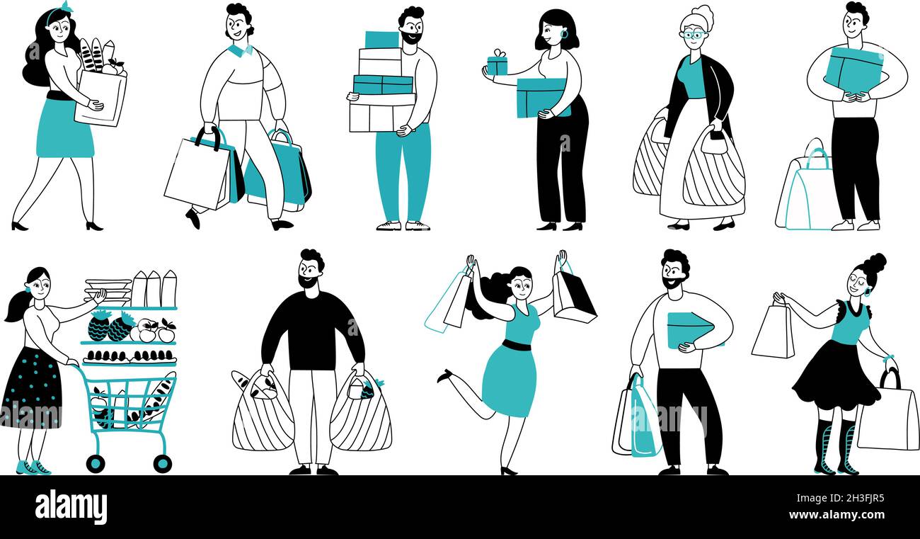 People with purchases. Shop sales, purchase for girl man or woman. Line ...