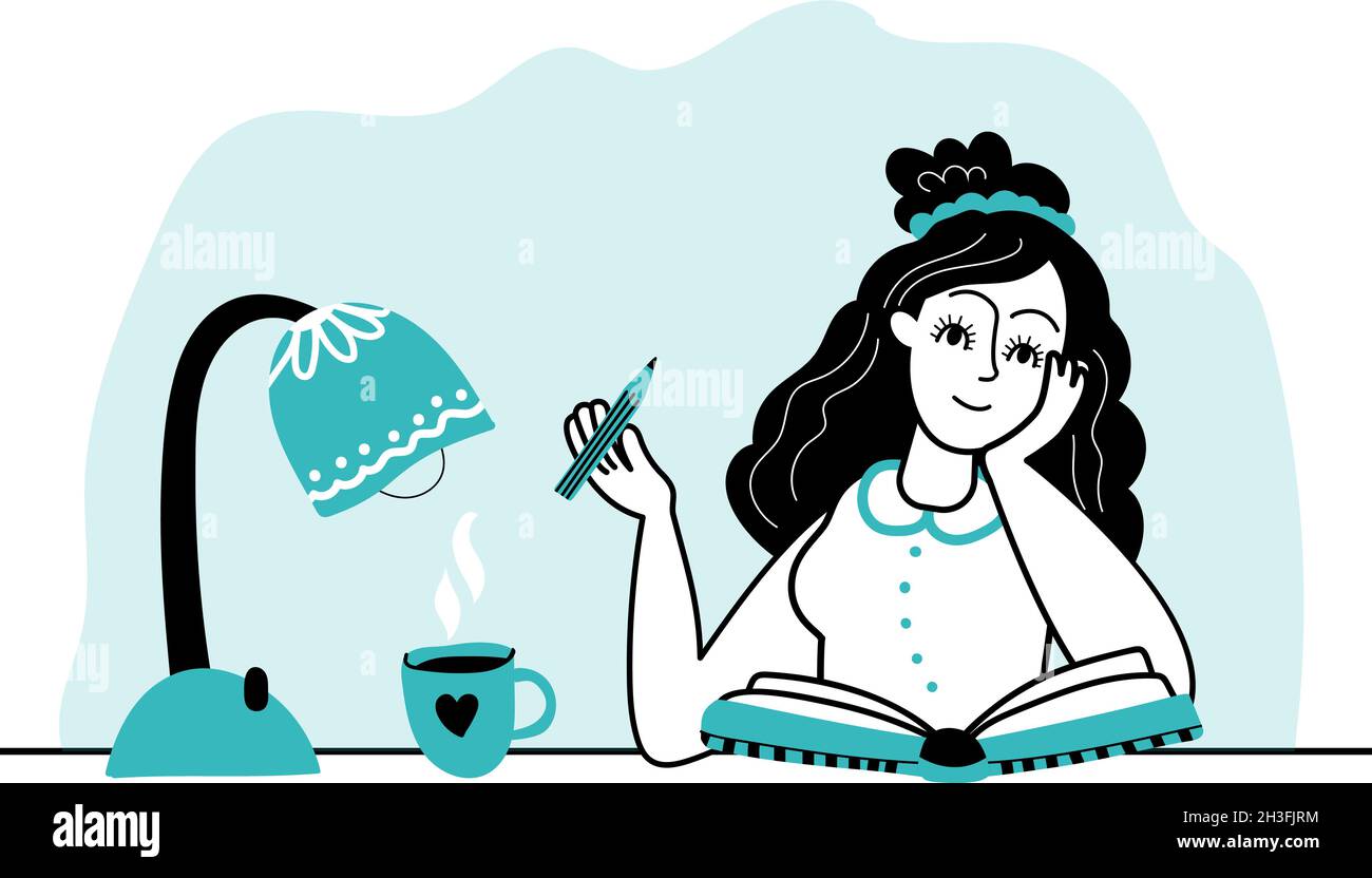 Girl and diary. Woman write journal, young student studying and make ...