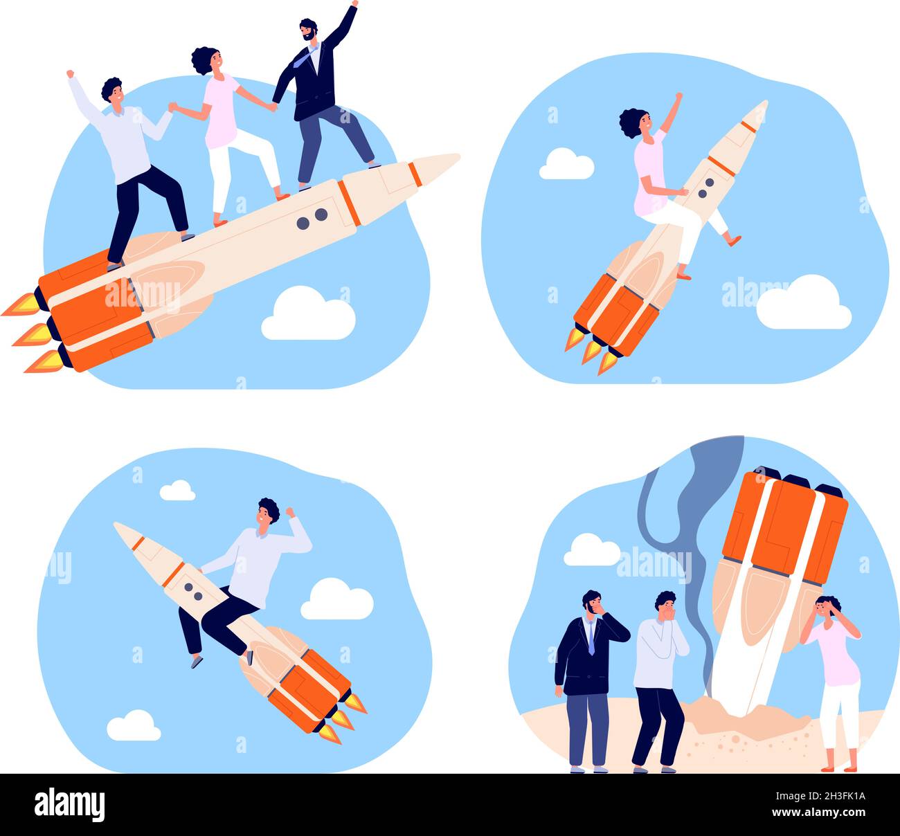 Business startup. Bankruptcy characters, rocket high launch strategy. Corporate teamwork, team ...