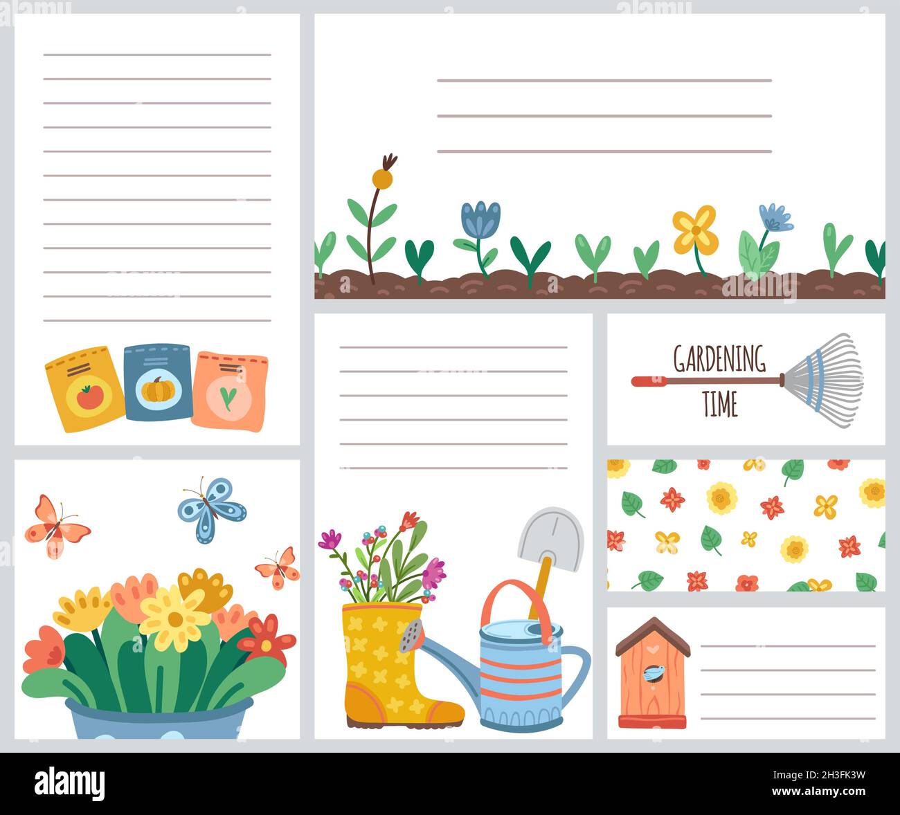 Gardening time. Planting tools, garden flowers and leaves. Watering can ...