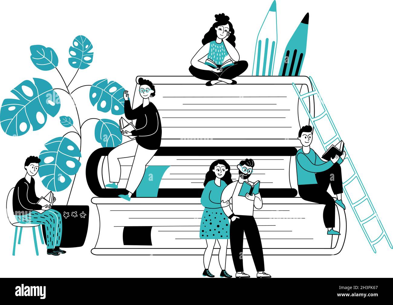 People studying with books. Reading book, young readers and students ...