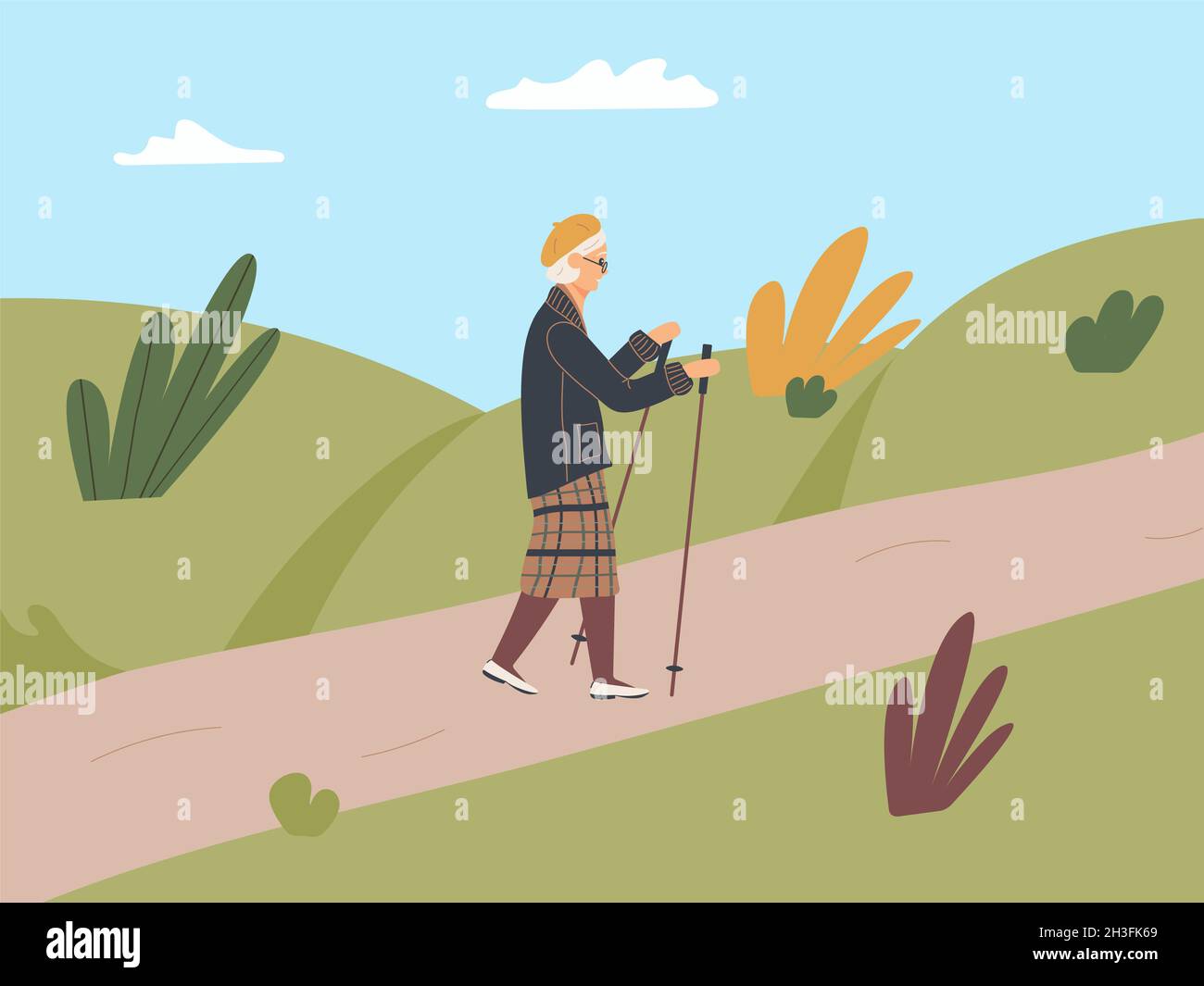 Elderly woman is engaged in Nordic walking with sticks on path in the ...