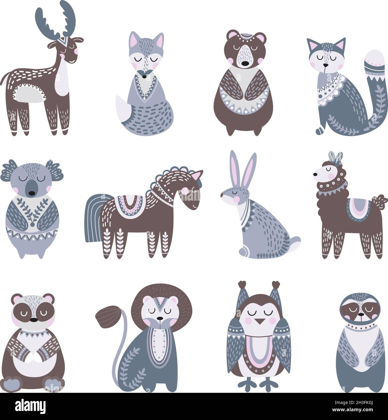 Scandinavian animal. Cute kids animals, flat baby lion rabbit fox ...